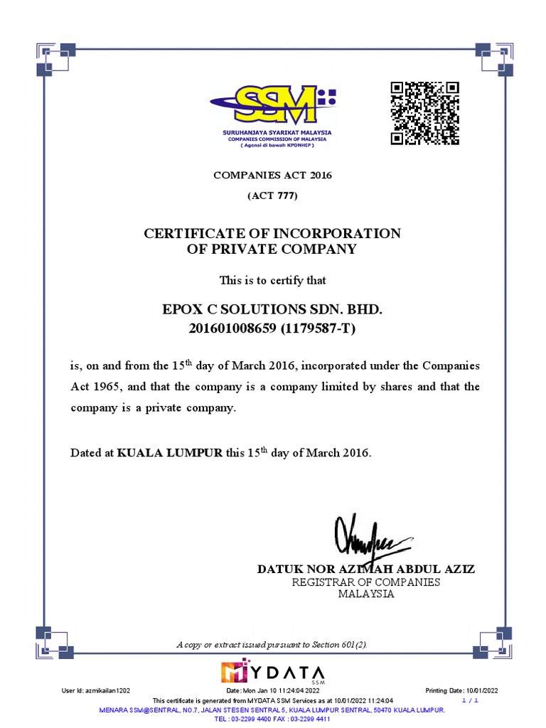 Certificate of Incorporation Malaysia | PDF