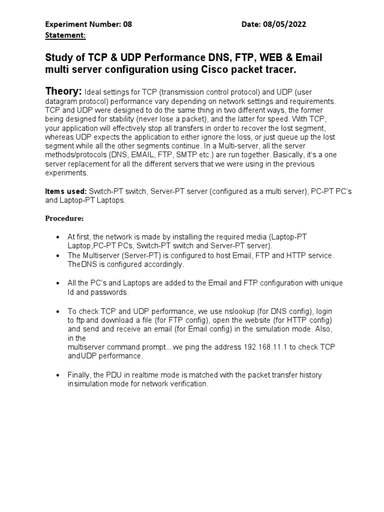 Study of TCP & UDP Performance DNS, FTP, WEB & Email Multi Server Configuration Using Cisco ...