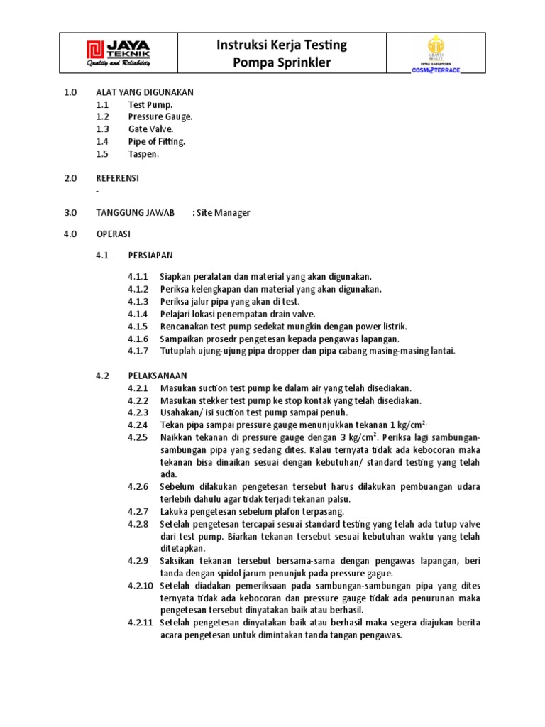 Inspeksi Kerja Testing Pompa Sprinkler | PDF