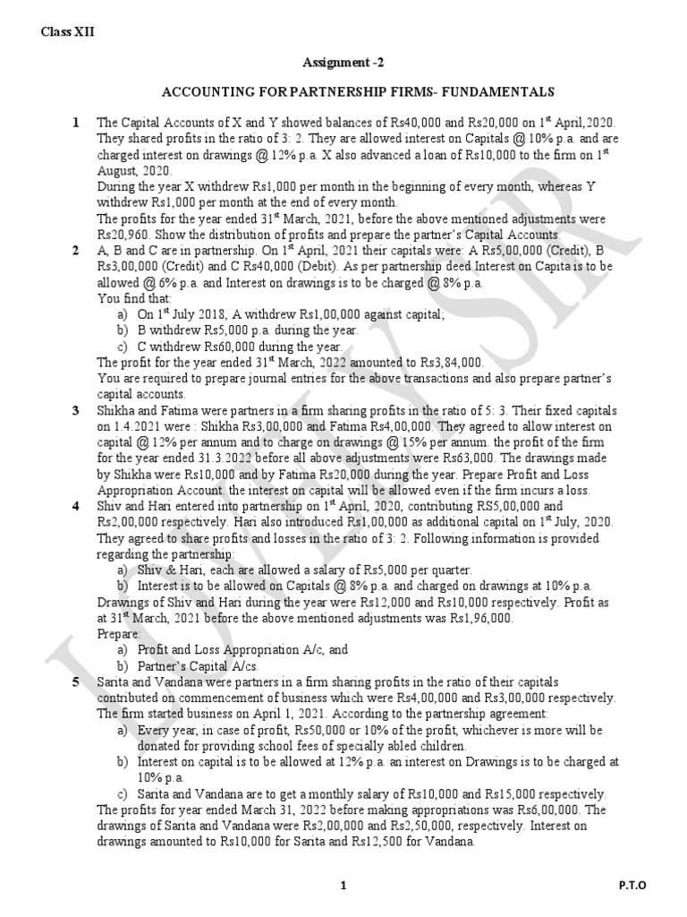 Class XII Assignment - 2 Accounting For Partnership Firms-Fundamentals ...