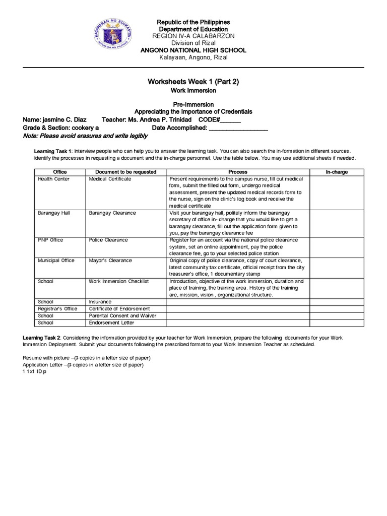 Work Immersion Worksheets - Week 1 Lesson 2 | PDF | Learning | Cognition