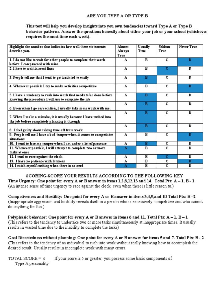 9 Type A and B Personality Test | PDF | Emotions | Behavioural Sciences