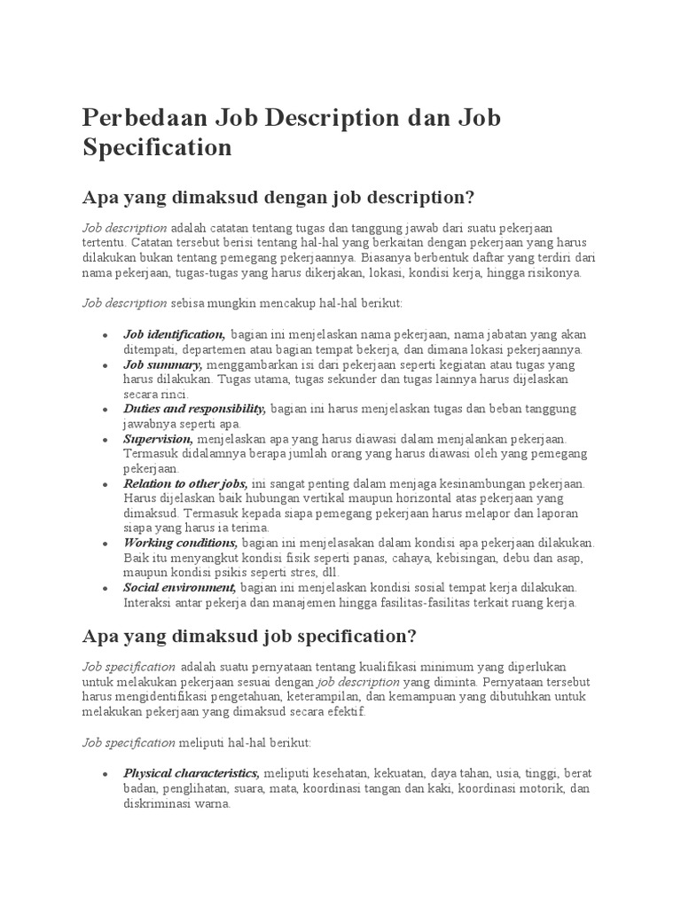 Perbedaan Job Description dan Job Specification | PDF