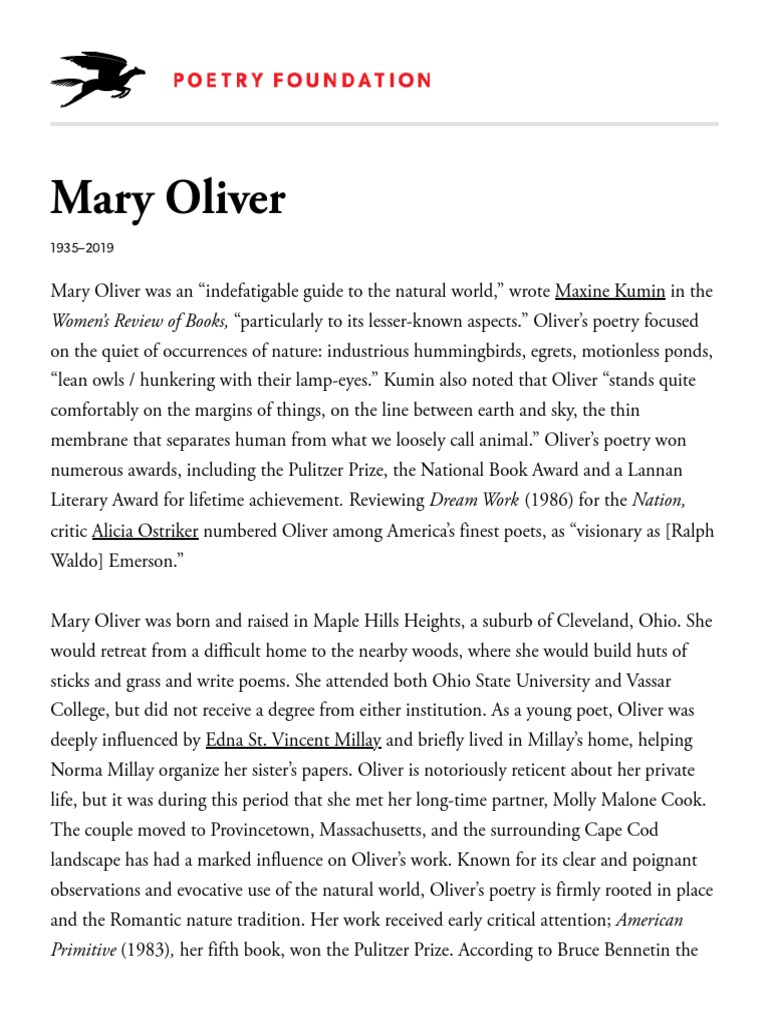 Mary Oliver: Women's Review of Books, "Particularly To Its Lesser-Known ...