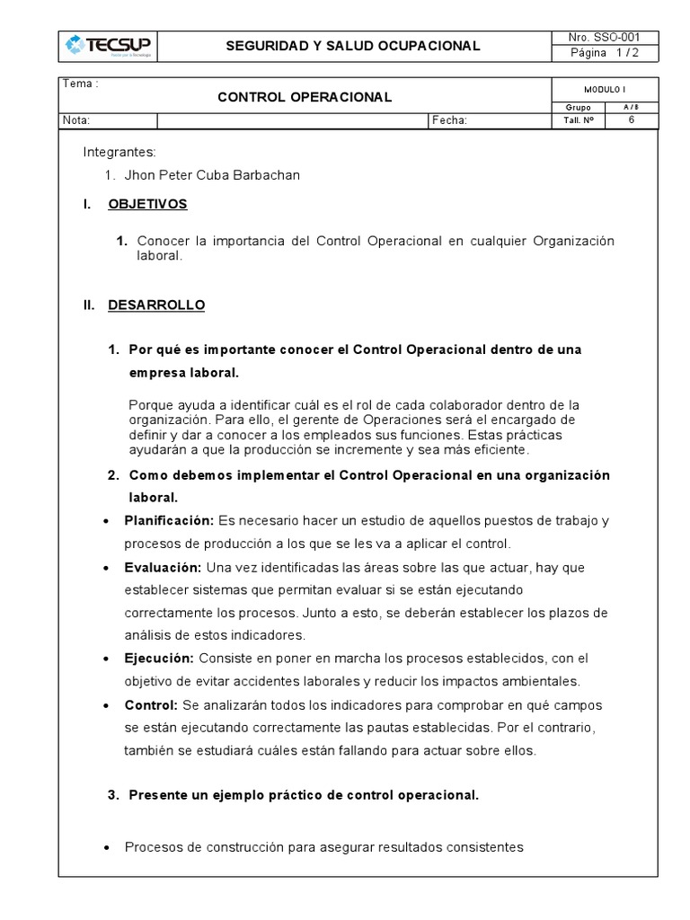 Taller 6 Control Operacional | PDF | Seguridad y salud ocupacional ...