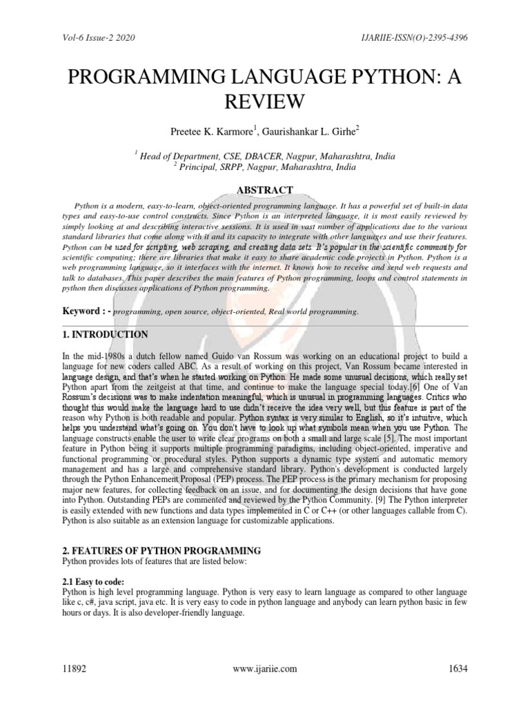 PROGRAMMING LANGUAGE PYTHON A REVIEW Ijariie11892 | Download Free PDF ...