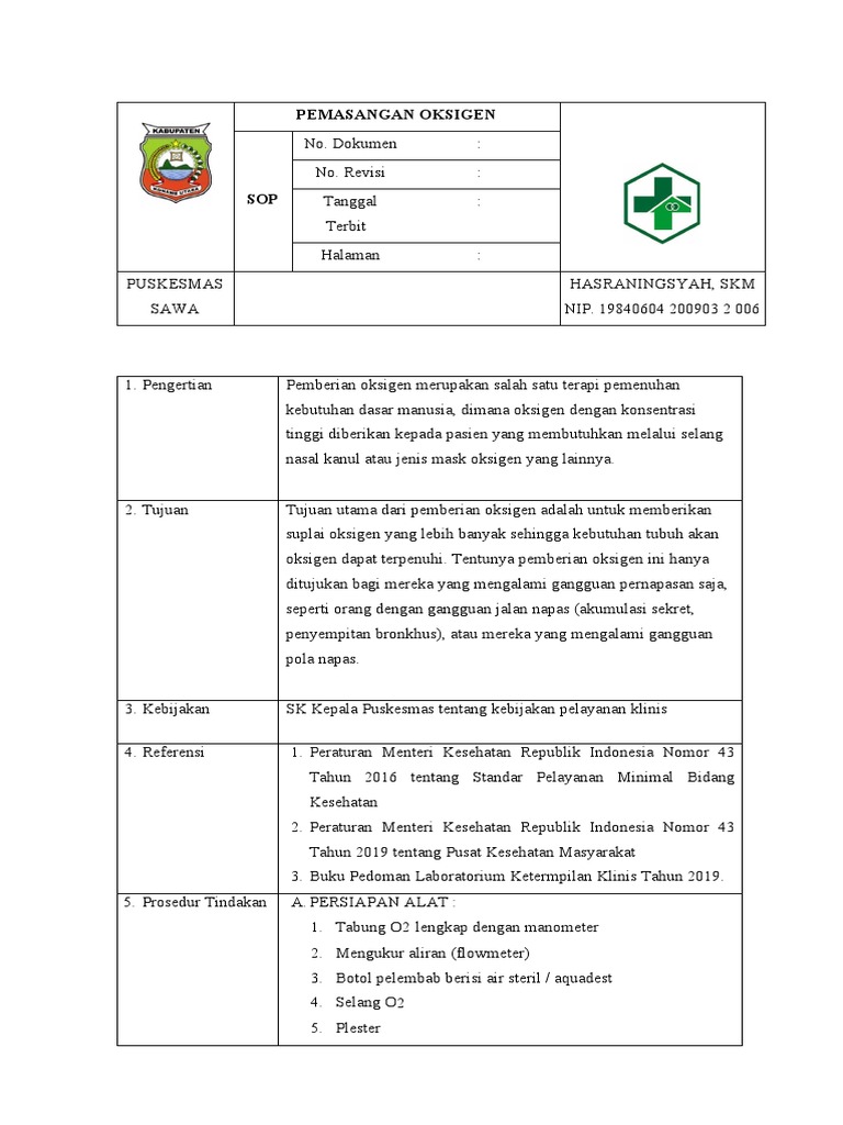 SOP Pemasangan Oksigen di Puskesmas | PDF | Pengembangan Diri | Sains ...