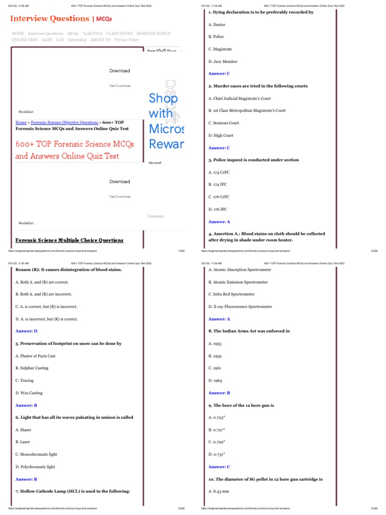 Forensic Science MCQs and Answers 2022 | PDF | Bullet | Multiple Choice