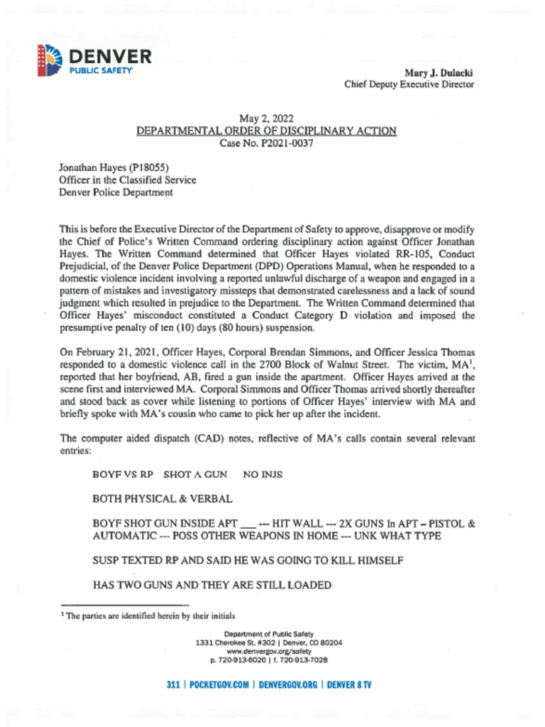Denver Police Officer Jonathan Hayes Disciplinary Letter | PDF