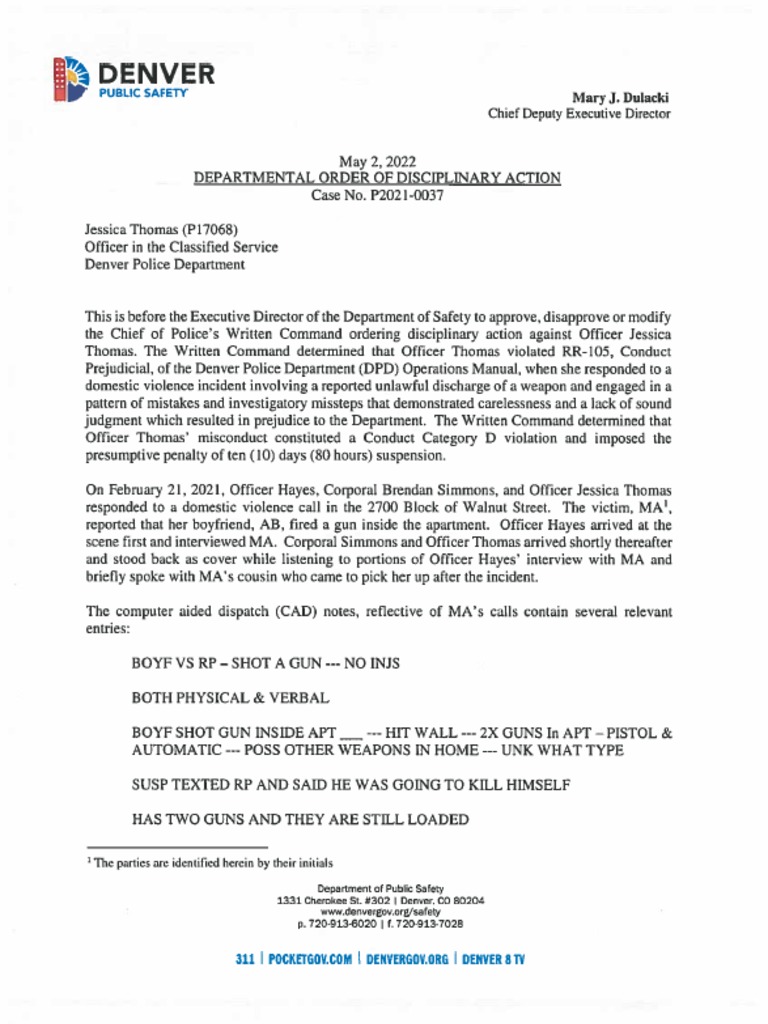Denver Police Officer Jessica Thomas Disciplinary Letter | PDF