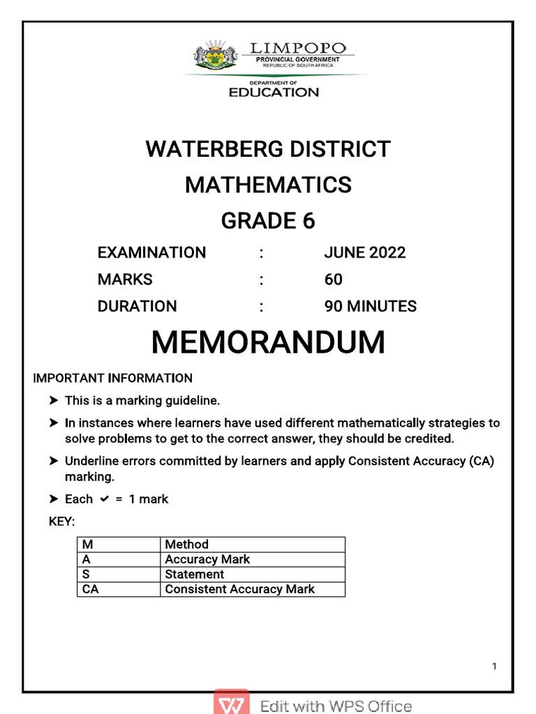 Memorandum: Waterberg District Mathematics Grade 6 | PDF | Applied ...