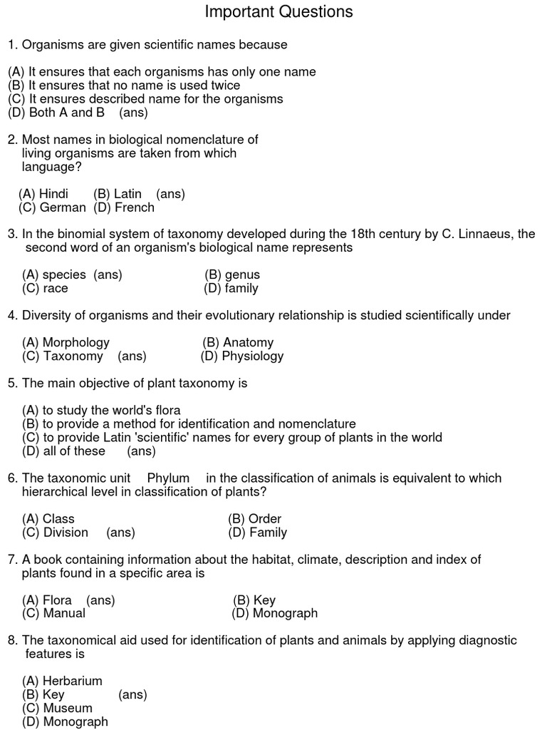 Impotant Questions Bio | PDF | Taxonomy (Biology) | Nature