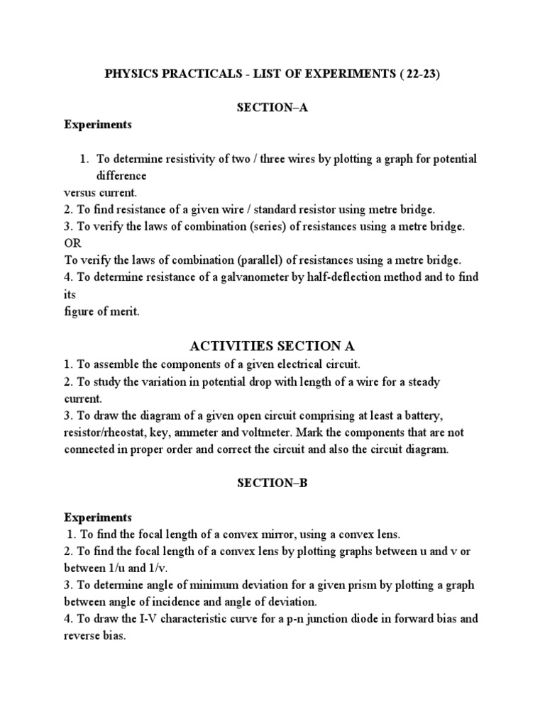 Physics Practicals - List of Experiments (22-23) Section-A Experiments ...
