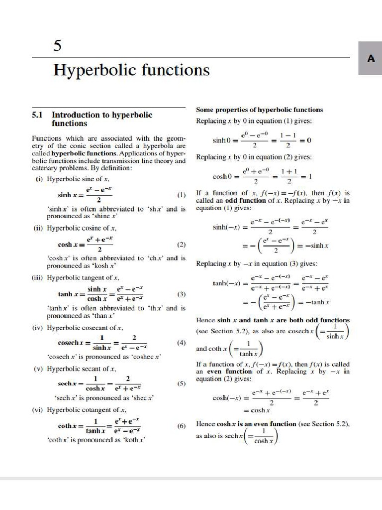 Hyperbolic Functions Notes PDF | PDF