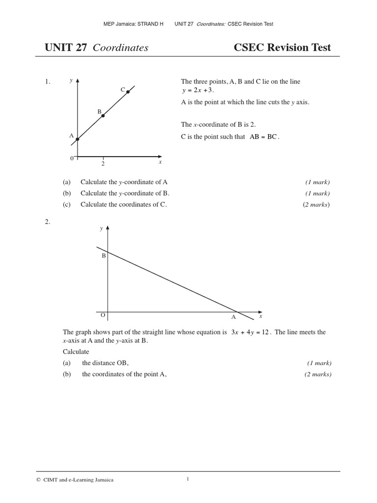 UNIT 27 Coordinates CSEC Revision Test: (1 Mark) (1 Mark) | PDF ...