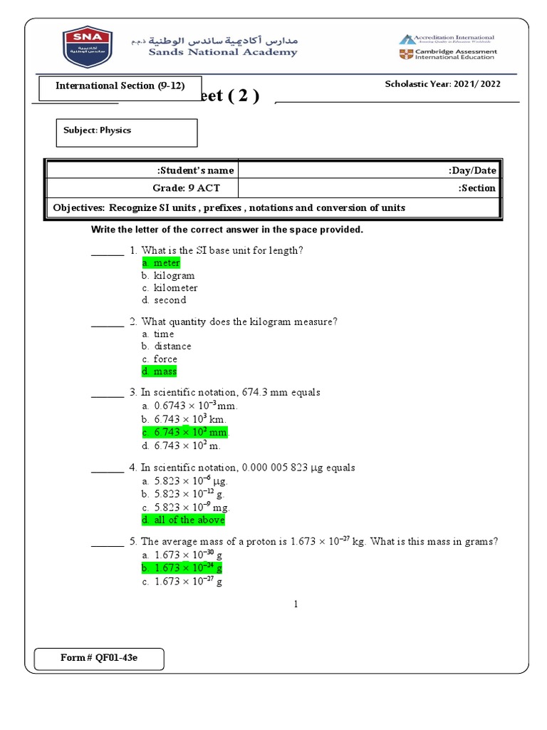 Grade 9 ACT Worksheet 2 Answer Key | PDF | Length | Kilogram