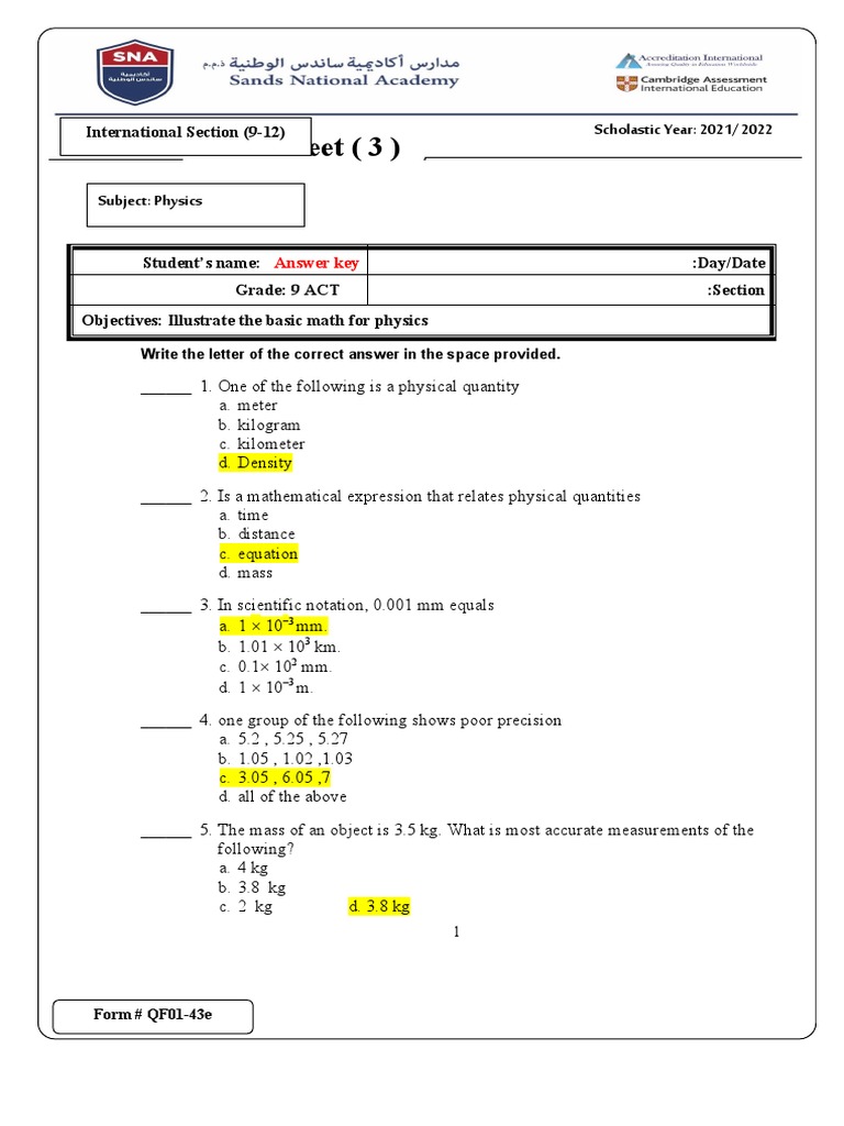 Grade 9 ACT Worksheet 3 Answer Key | PDF | Significant Figures | Mass