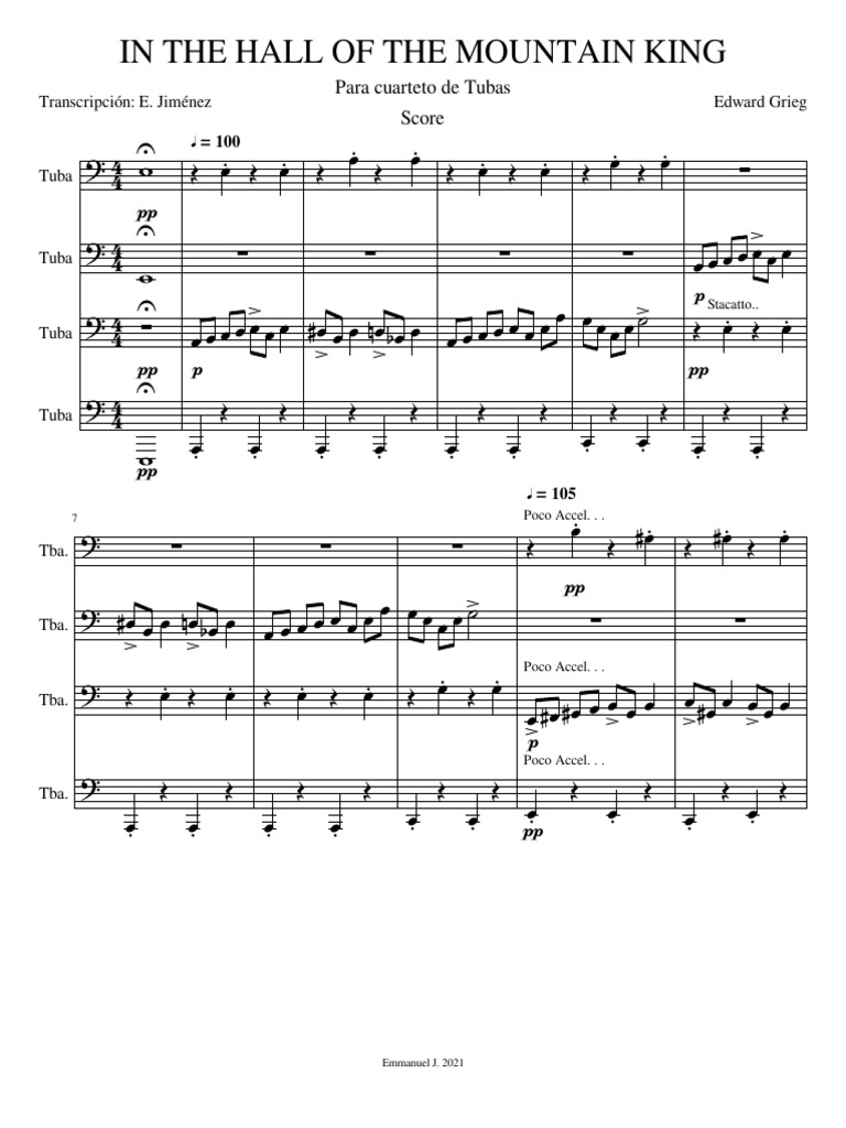 Grieg's "In the Hall of the Mountain King" Tuba Quartet Score | PDF