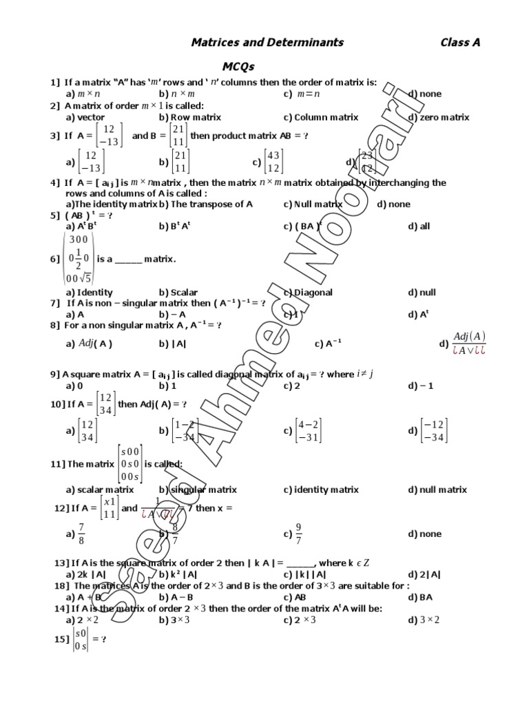 Matrices and Determinants Class A MCQS: M N M× N N × M M N M× 1 | PDF | Matrix (Mathematics ...