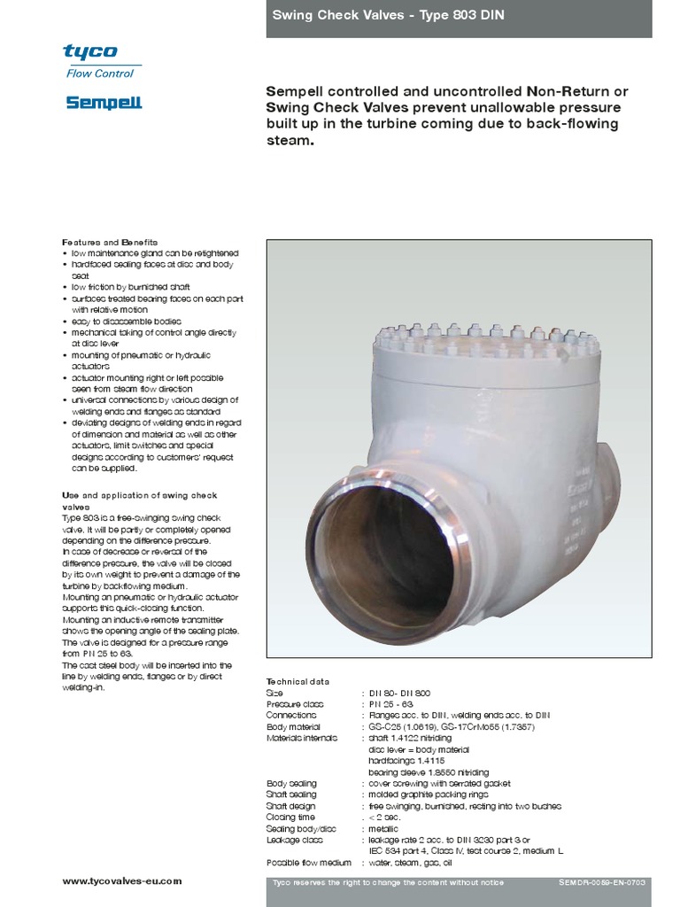 Sempell Swing Check Valve Type 803 Din Техническое описание Eng