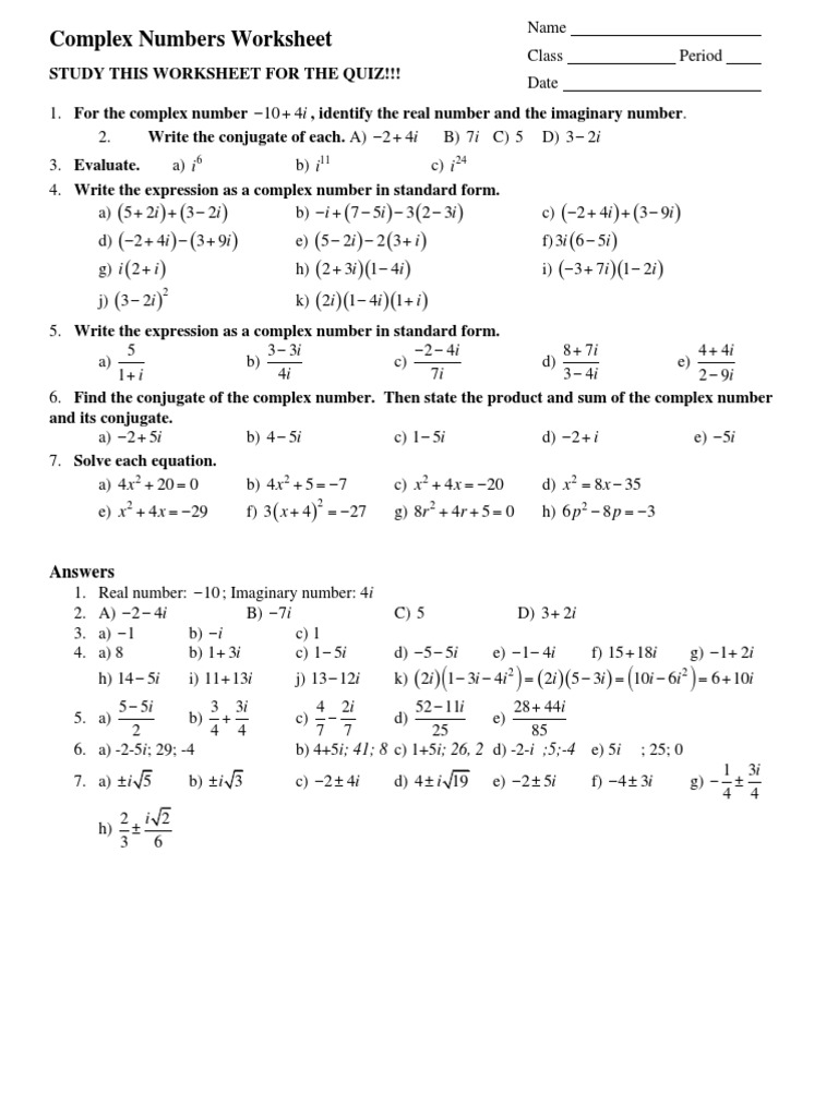 Complex Numbers Worksheet May 12 Answers | PDF | Complex Number | Numbers