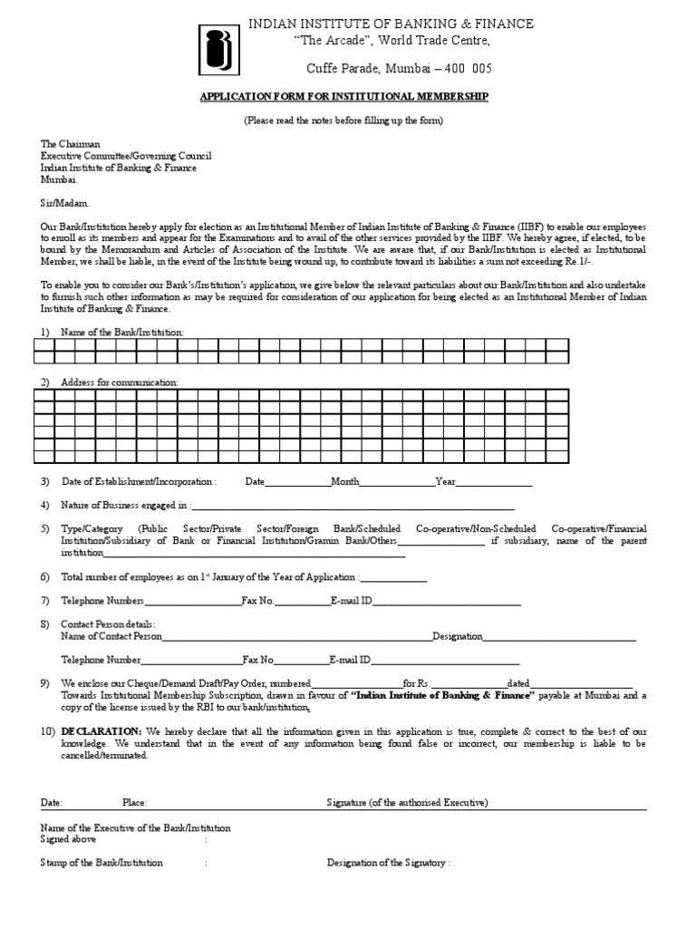 Institutional Membership Form | PDF | Reserve Bank Of India | Banks