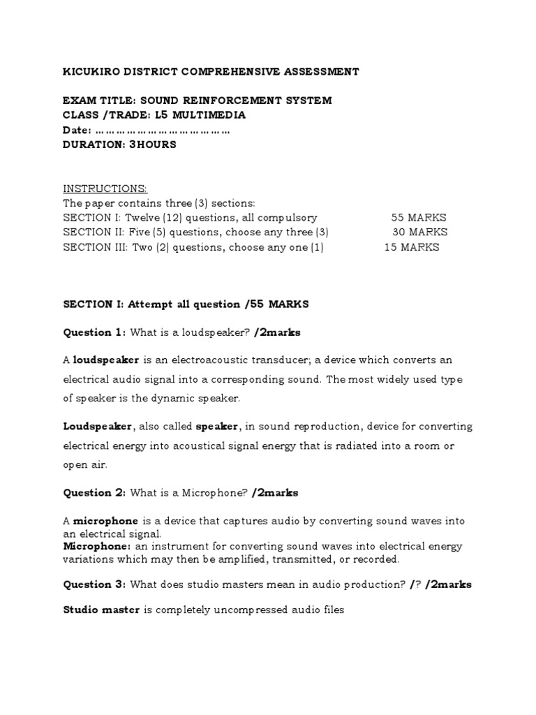 Marking Guide Level 5 Multimedia Set Up Sound Reinforcement | PDF ...