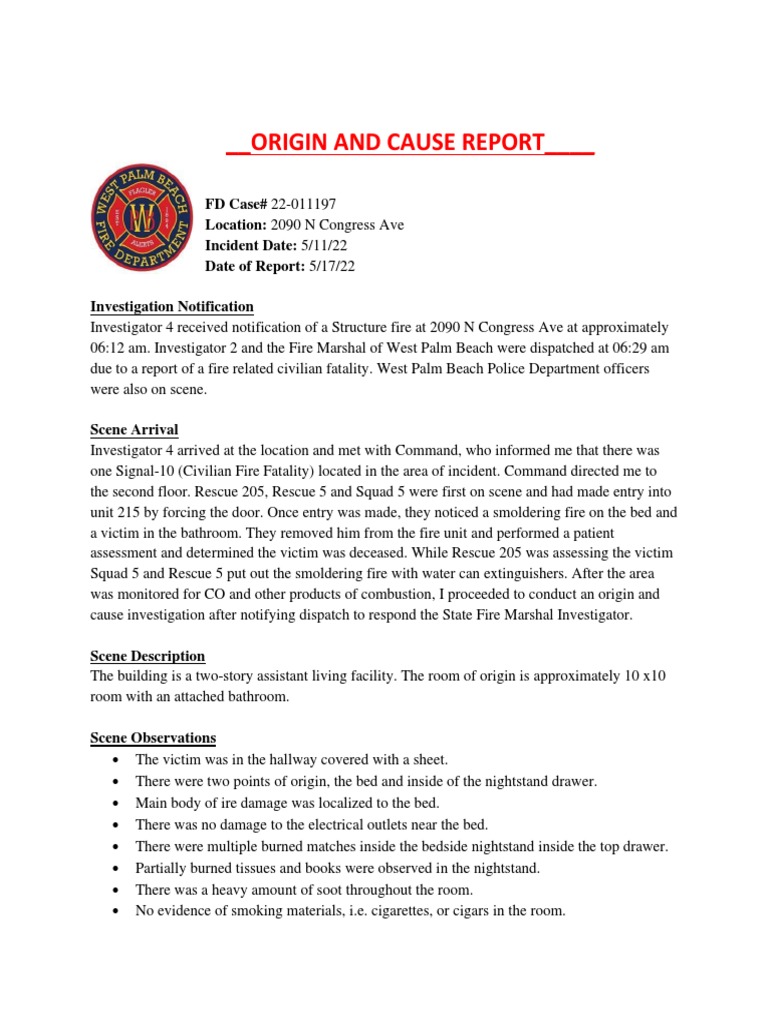 West Palm Beach Fire Department Origin and Cause Report | PDF