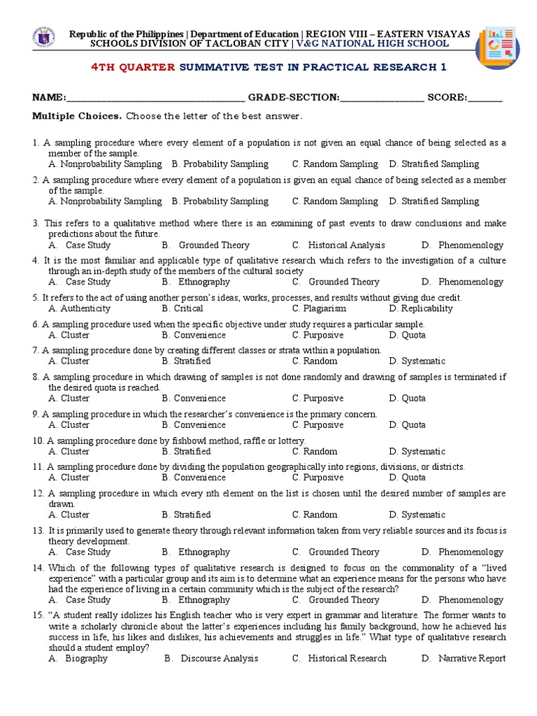 4Th Quarter: Summative Test in Practical Research 1 | PDF | Sampling ...