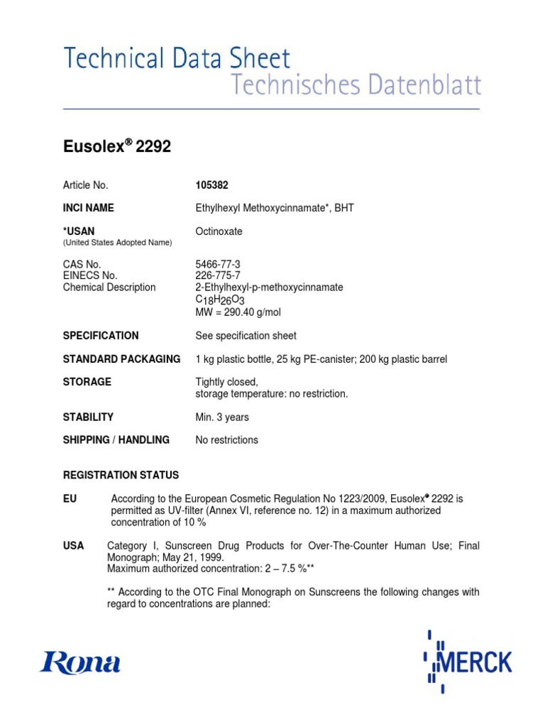Eusolex 2292 UV Filter Spec Sheet | PDF | Sunscreen | Over The Counter Drug