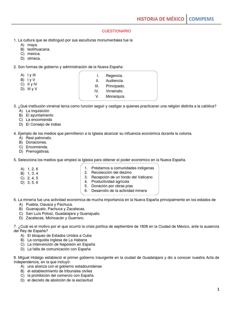 Cuestionario Historia de México, Comipems | PDF | Nueva españa | México