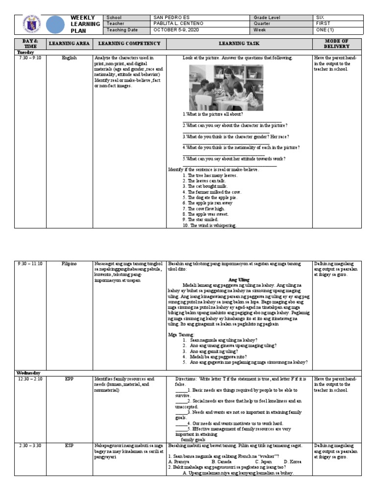 Weekly Learning Plan: Day & Time Learning Area Learning Competency ...