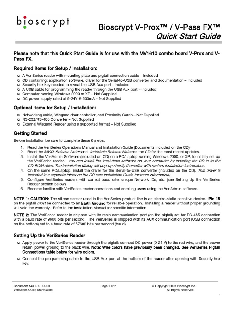 Bioscrypt V-Prox™ / V-Pass FX™: Quick Start Guide | PDF | Usb | Windows ...