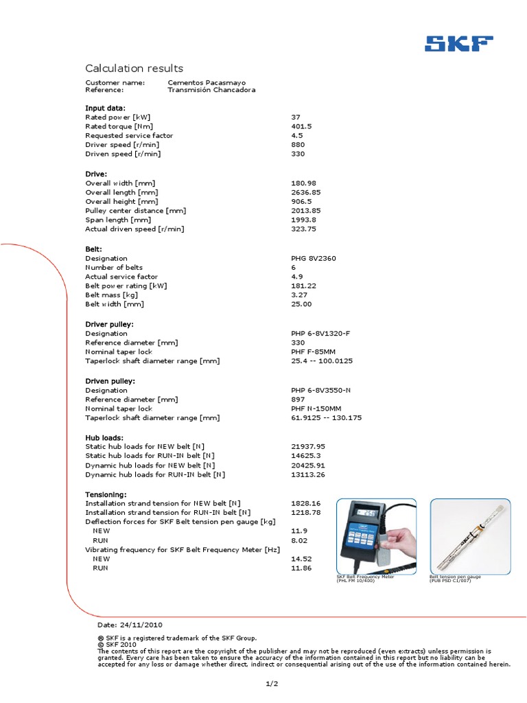 Calculation Results: SKF Belt Frequency Meter (PHL FM 10/400) Belt ...