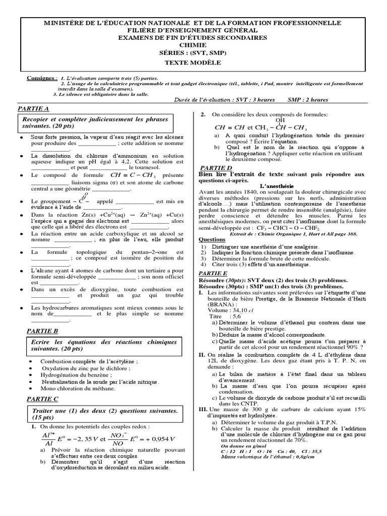 Examen de Chimie NS4 2023 | PDF | Éthanol | Chimie