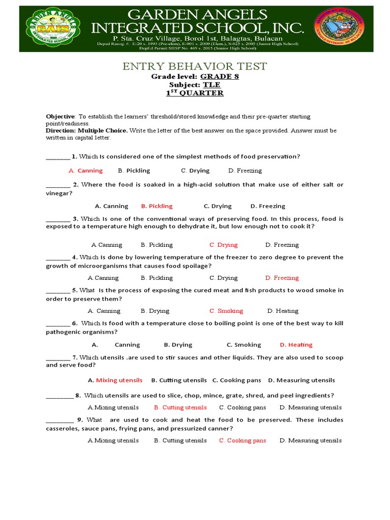 Entry Behavior Test: Grade Level: GRADE 8 Subject: TLE 1 Quarter | PDF ...