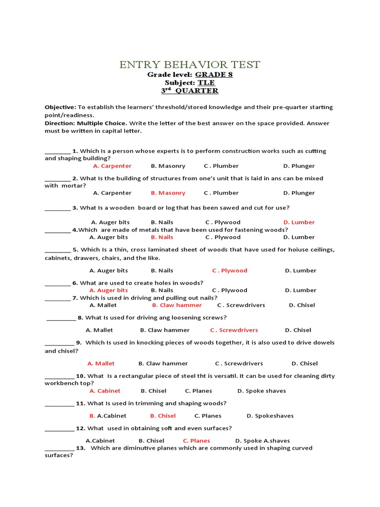 Entry Behavior Test: Grade Level: GRADE 8 Subject: TLE 3 Quarter | PDF ...