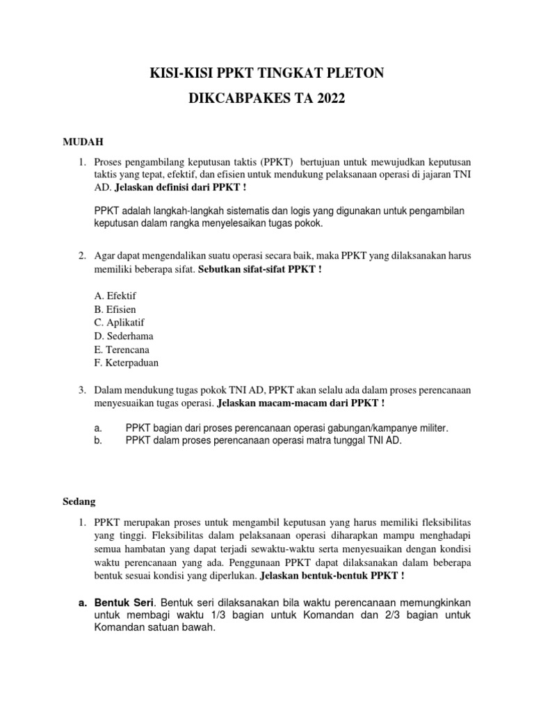 Kisi-Kisi PPKT Tingkat Pleton | PDF