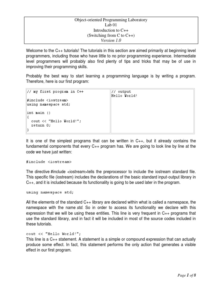 Object Oriented Programming Laboratory Lab 01 Introduction To C