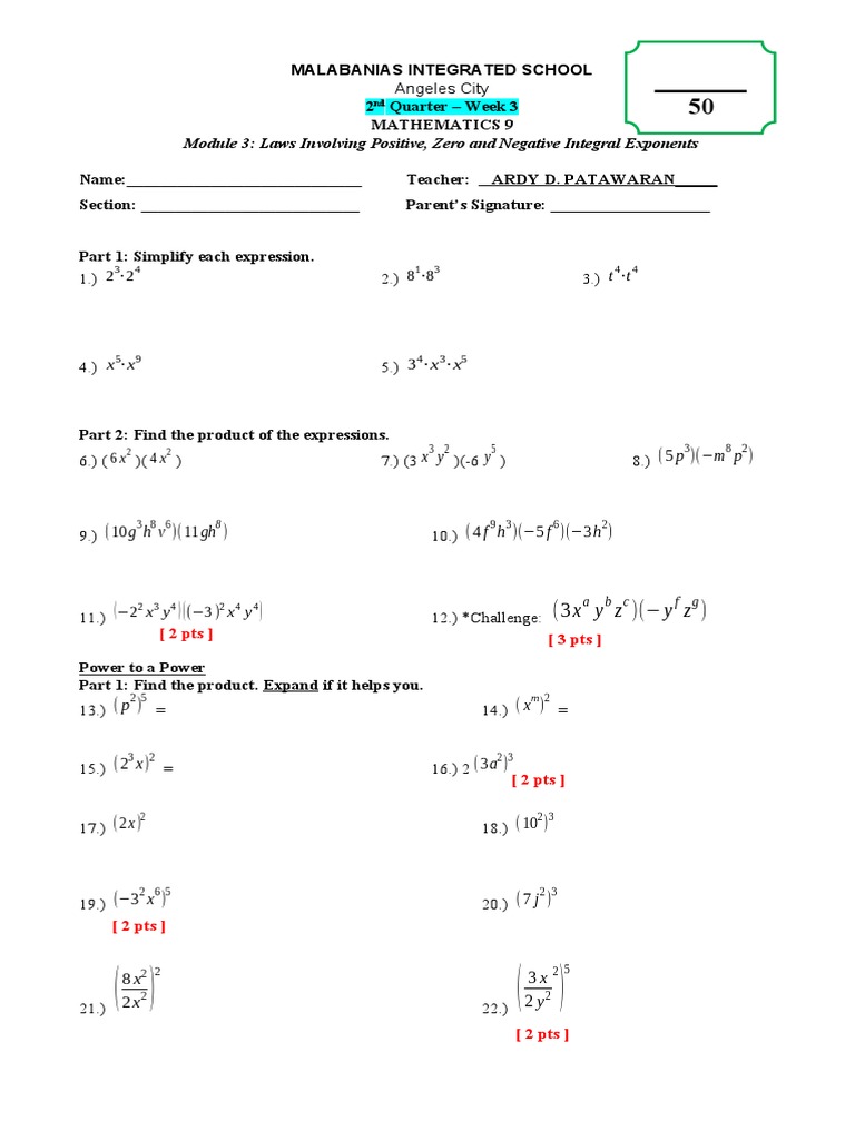 Exponent Rules Worksheet for Grade 9 | PDF
