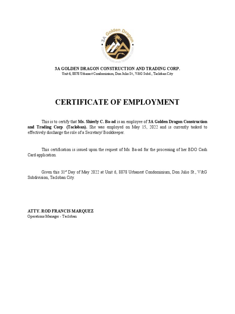 Certificate of Employment: 3A Golden Dragon Construction and Trading ...