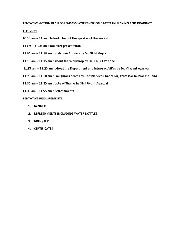 Tentative Action Plan For 3 Days Workshop | PDF