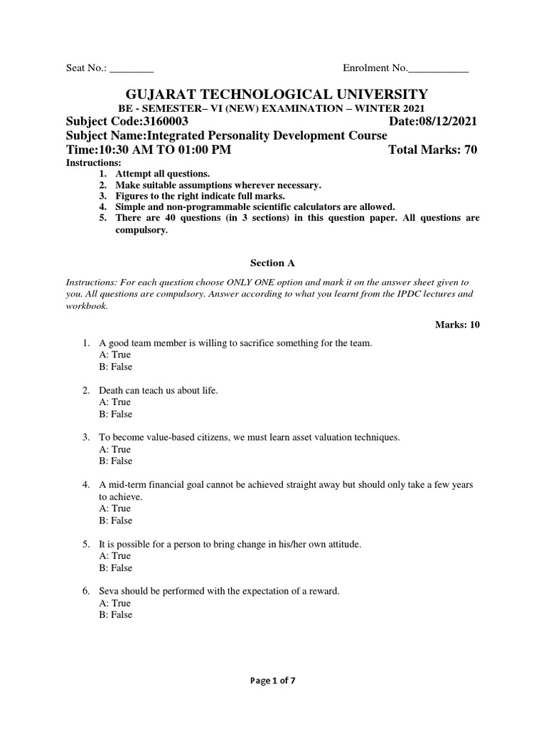 Analysis of an Integrated Personality Development Course Exam | PDF ...