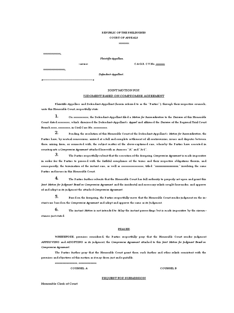 Joint Motion For Judgment Based On Compromise Agreement | PDF ...