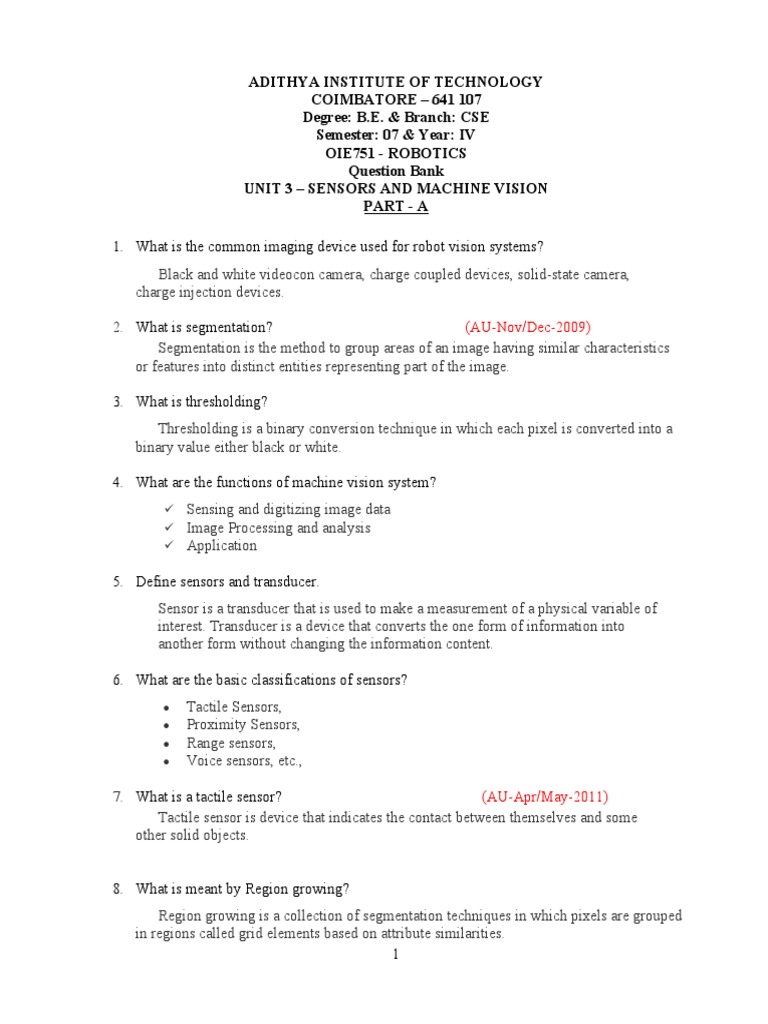Unit 3 - 2 Mark | PDF | Computer Vision | Sensor