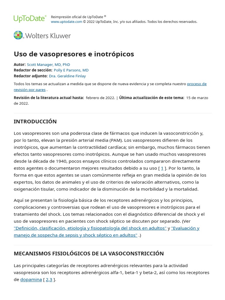 Uso de Vasopresores e Inotrópicos - UpToDate | PDF | Fisiología ...