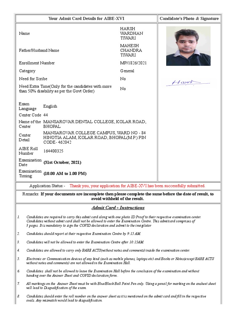 Your Admit Card Details For AIBE-XVI Candidate's Photo & Signature ...