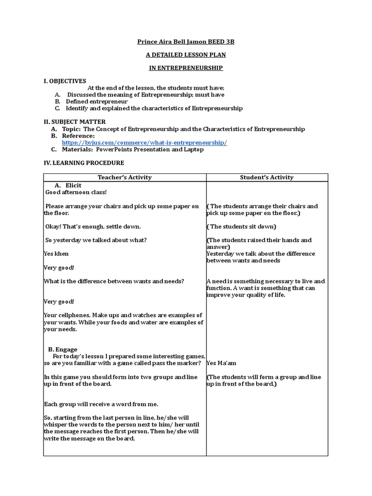 Entrepreneurship Detailed Lesson Plan-1 | PDF | Entrepreneurship ...