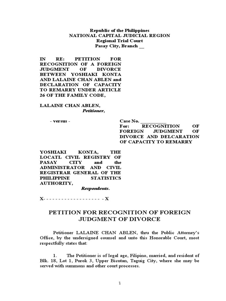 Petition For Recognition of Foreign Judgment of Divorce | PDF | Divorce ...