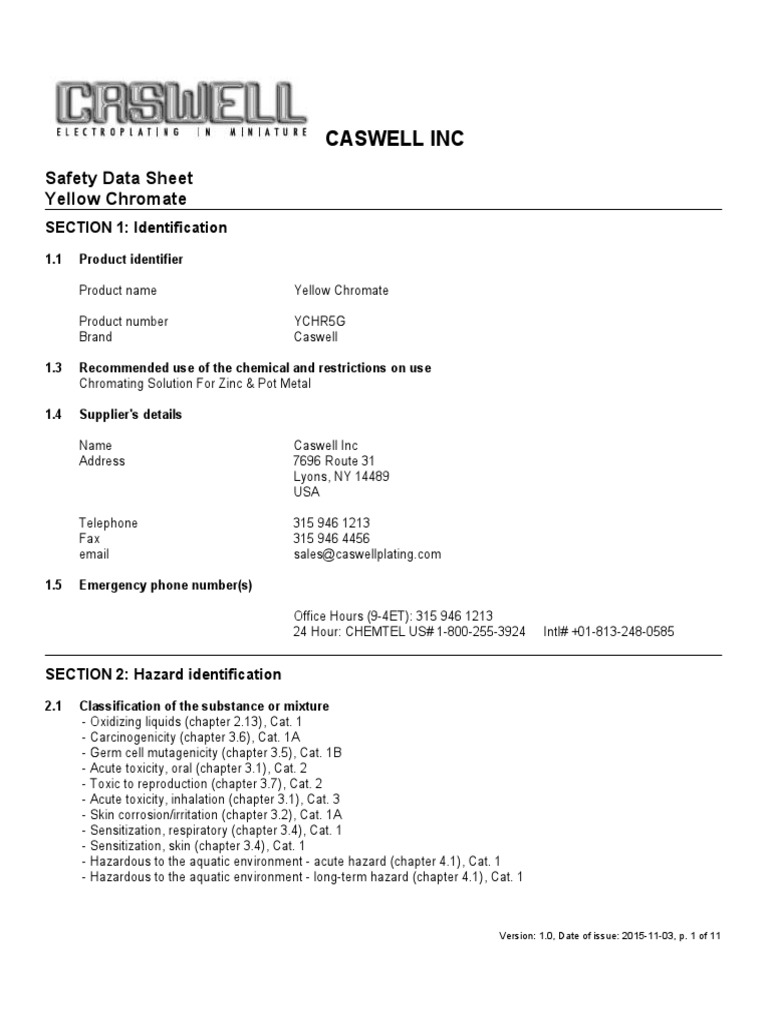Caswell Inc: Safety Data Sheet Yellow Chromate | PDF | Toxicity | Chromium
